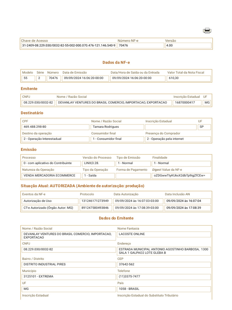 Nota Fiscal Eletrônica - Devanlay Ventures | PDF