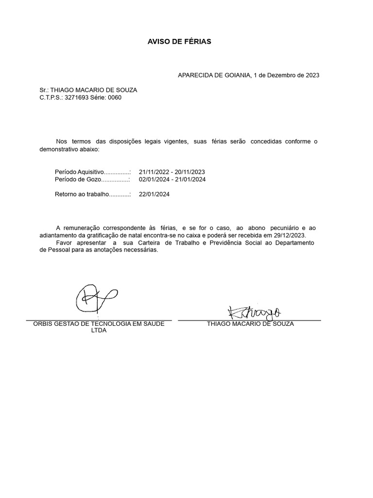 Thiago Macario de Souza - Aviso de Ferias 02.01.2024 | PDF | Férias trabalhistas