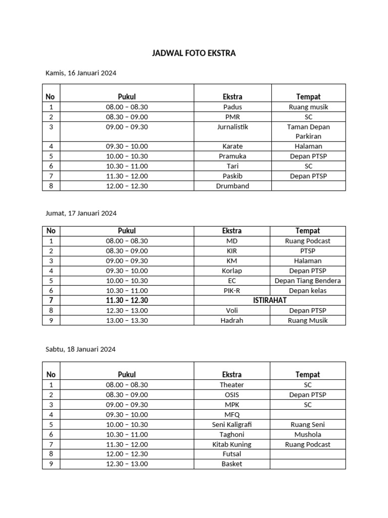 Jadwal Foto Ekstra | PDF