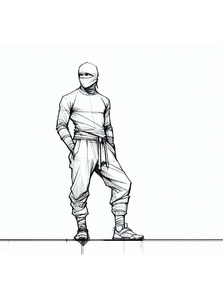 A minimalist sketch of a ninja in a relaxed, dynamic pose, with simple ...