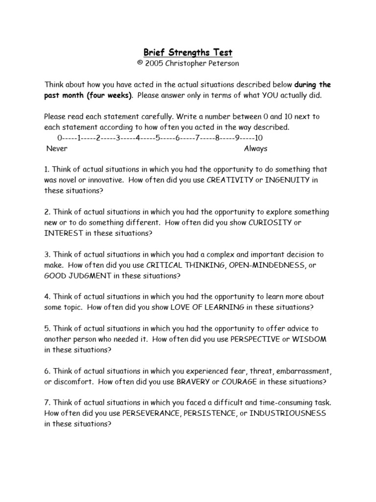 Brief Strengths Test | PDF | Courage | Psychology
