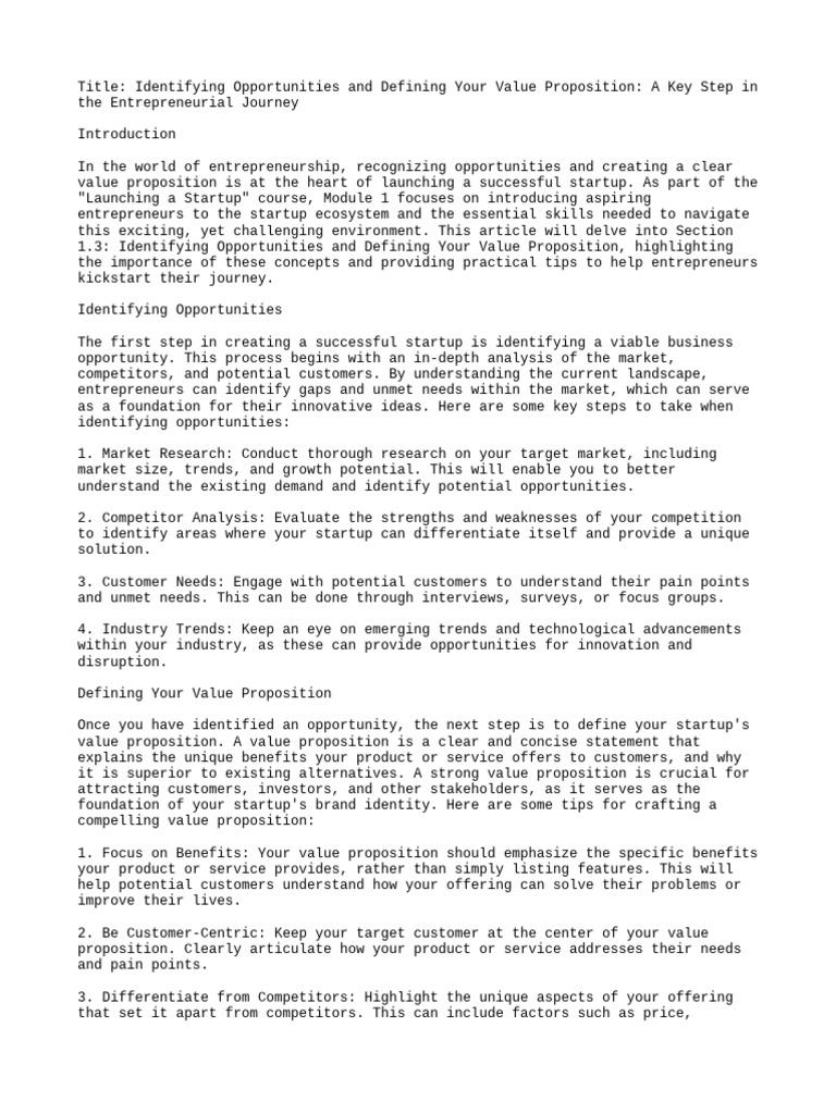 Identify Opportunities & Value Proposition | PDF | Entrepreneurship ...