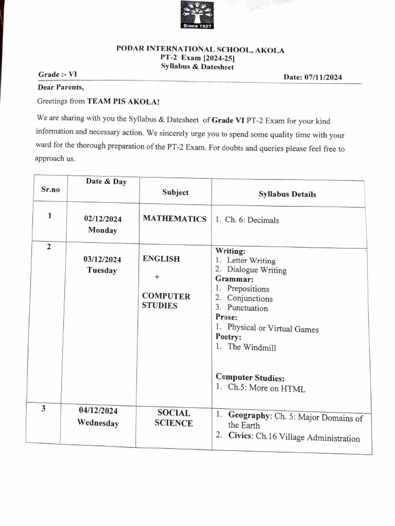 Class VI-PT2 Date Sheet and Syllabus | PDF