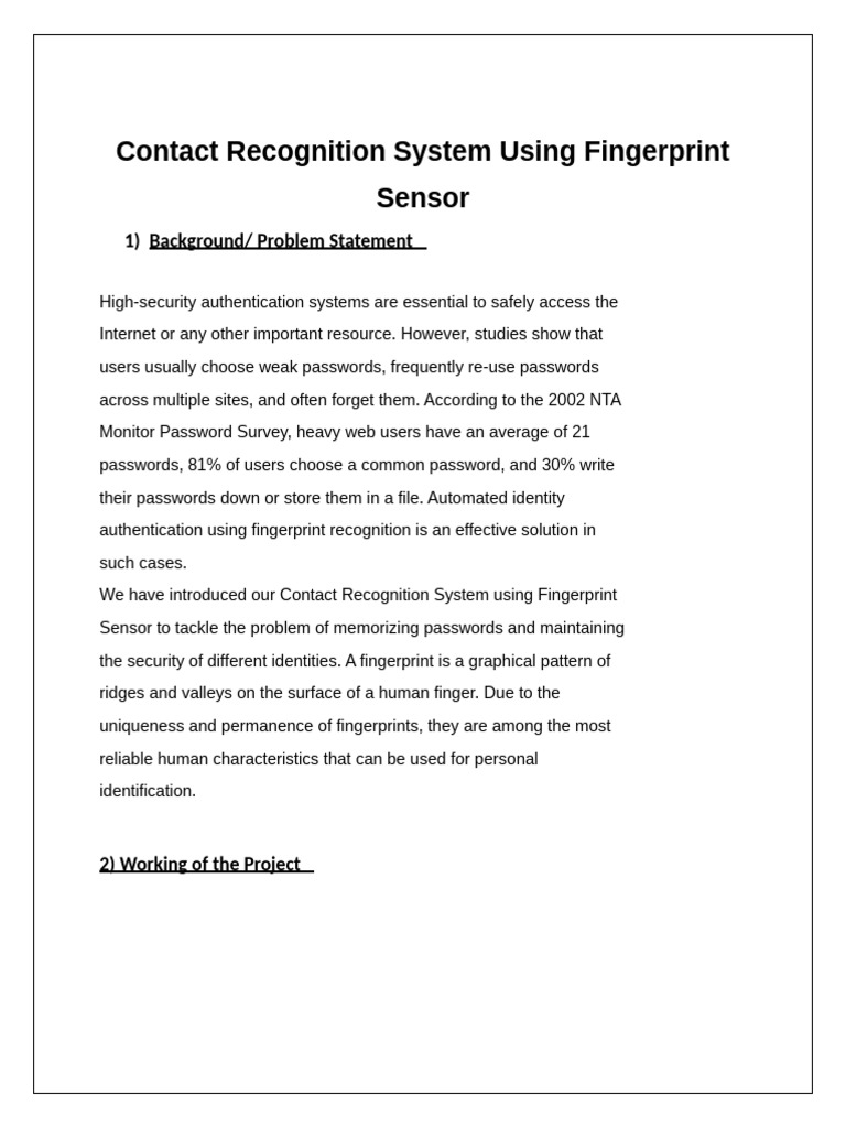 Contact Recognition System Using Fingerprint | PDF | Fingerprint | Password