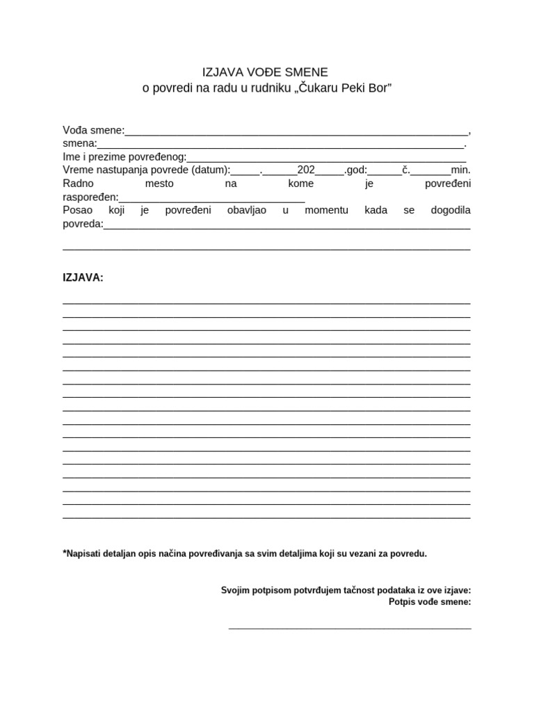 Izjava Vodje Smene | PDF