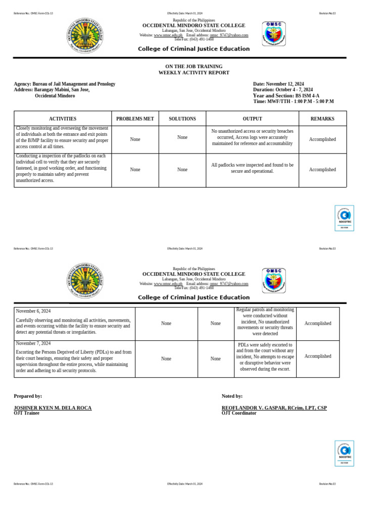 Weekly OJT Report: BJMP Activities | PDF | Law Enforcement | Crimes