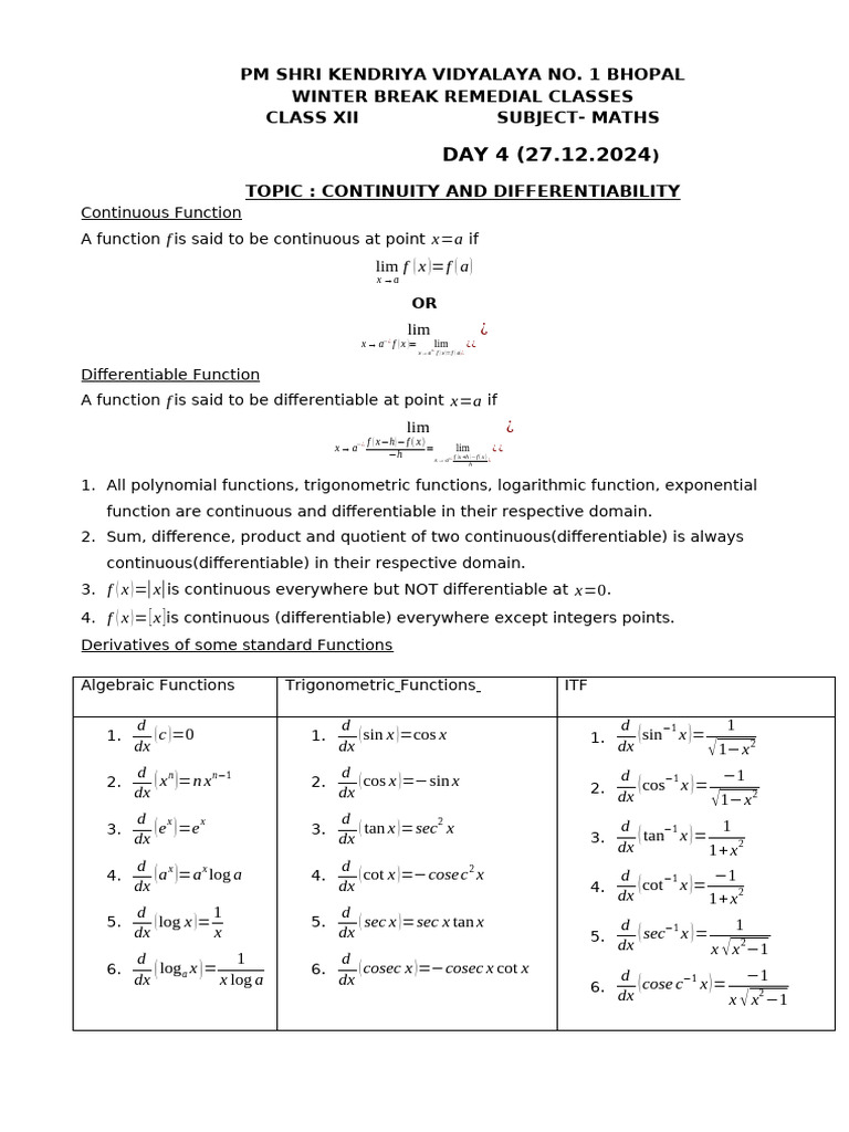 Day4 Continuity and Differentiability | PDF | Function (Mathematics) | Trigonometric Functions