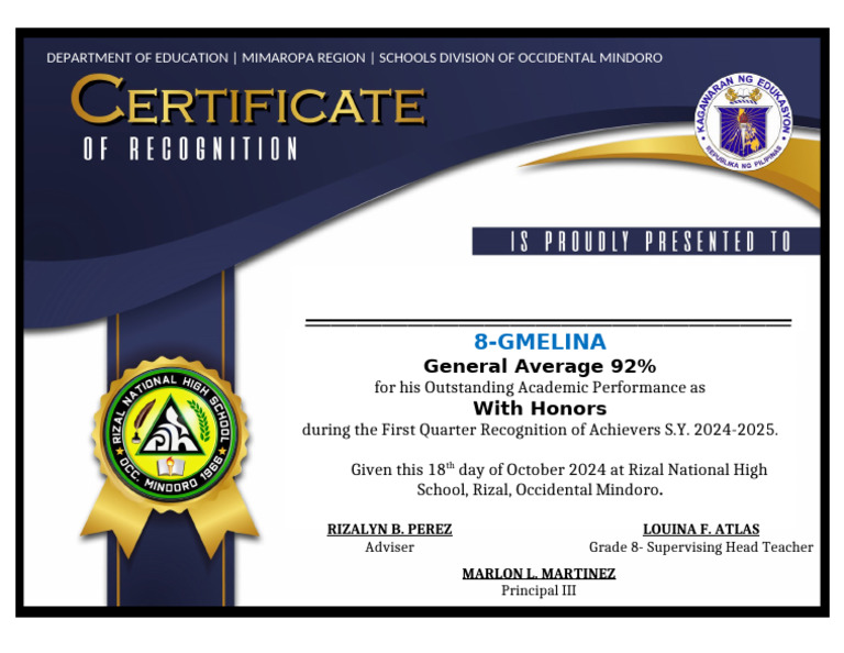 First Quarter Honors Certificate Template | PDF