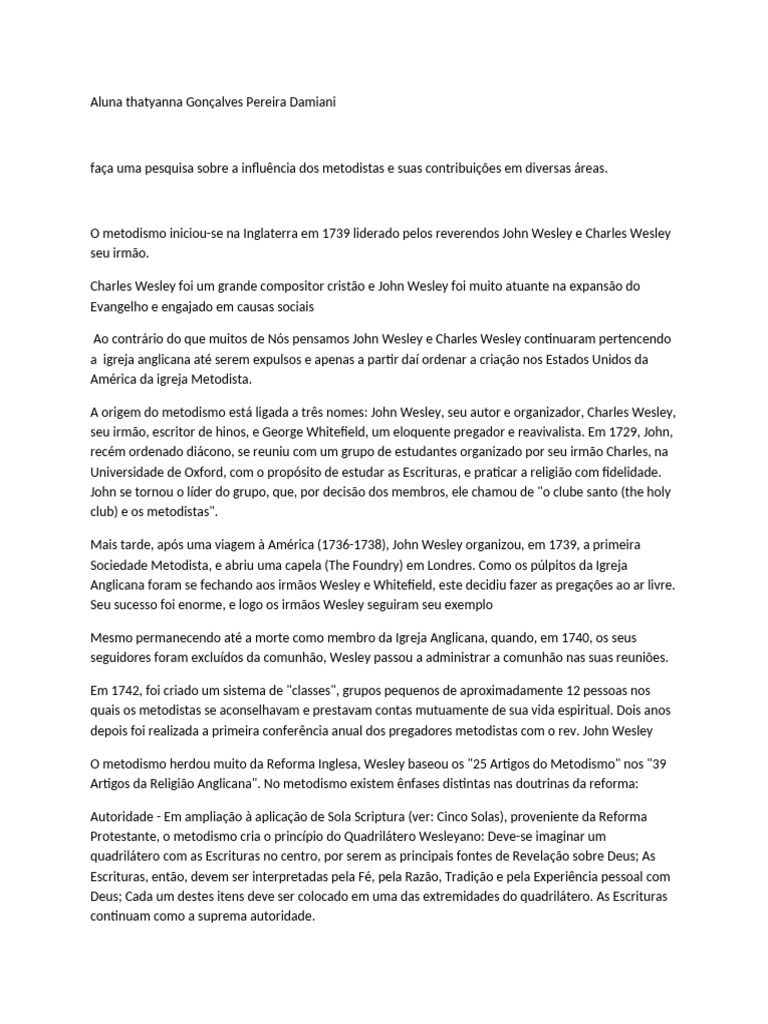 Contribuições do Metodismo na História | PDF | Metodismo | Protestantismo