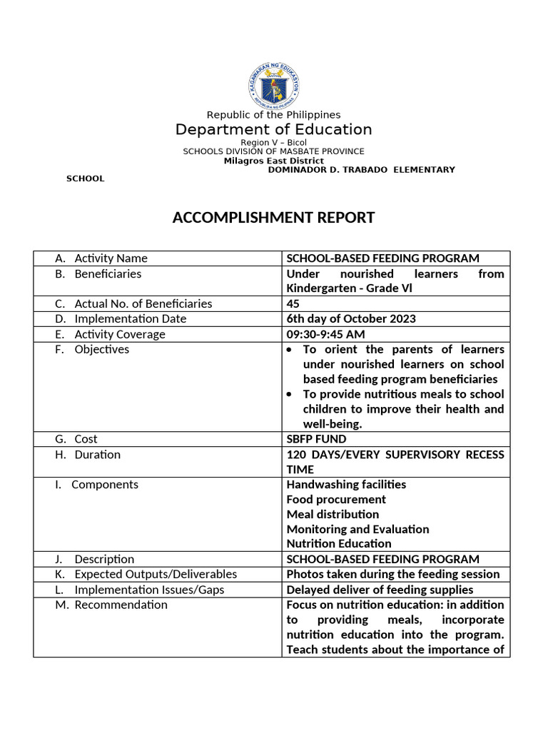 School-Based Feeding Program Report | PDF | Healthy Diet | Determinants ...