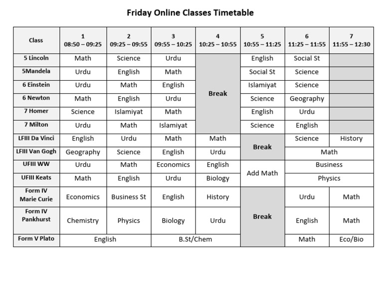 Friday Classes 5 to O'Level Timetable | PDF