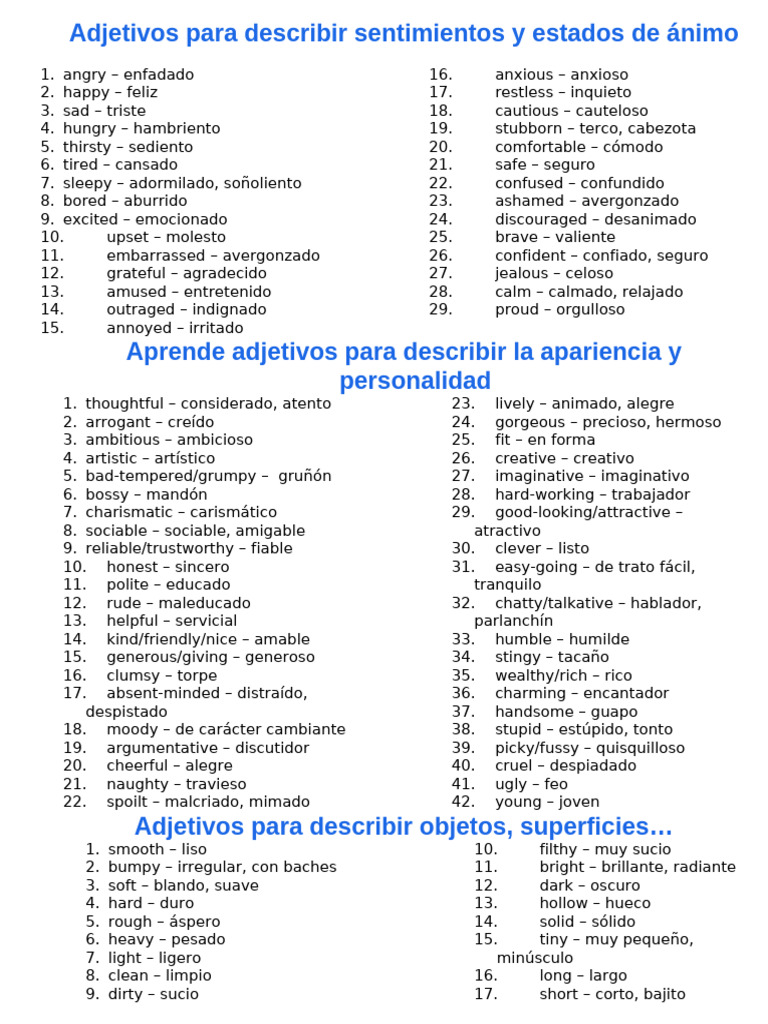 Adjetivos para Describir Sentimientos y Estados de Ánimo | PDF