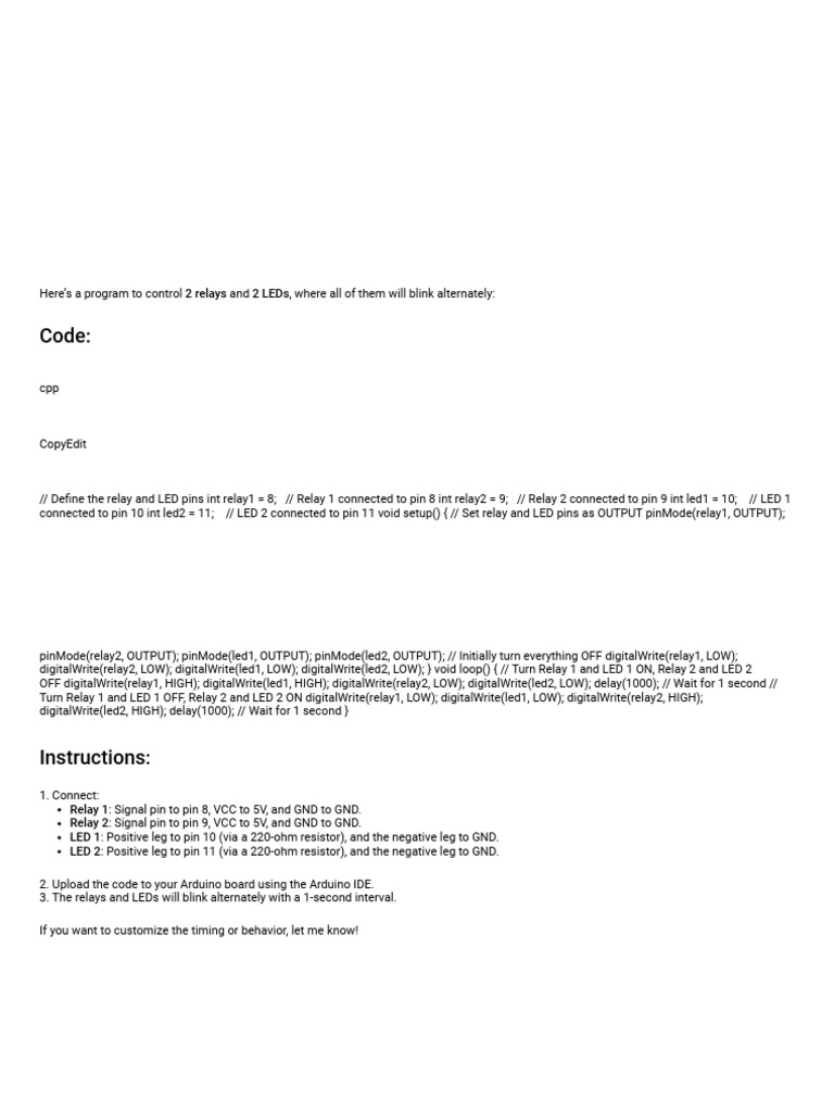 2 Number Relay and 2 Number Led Light Blinking Arduino Programme | PDF