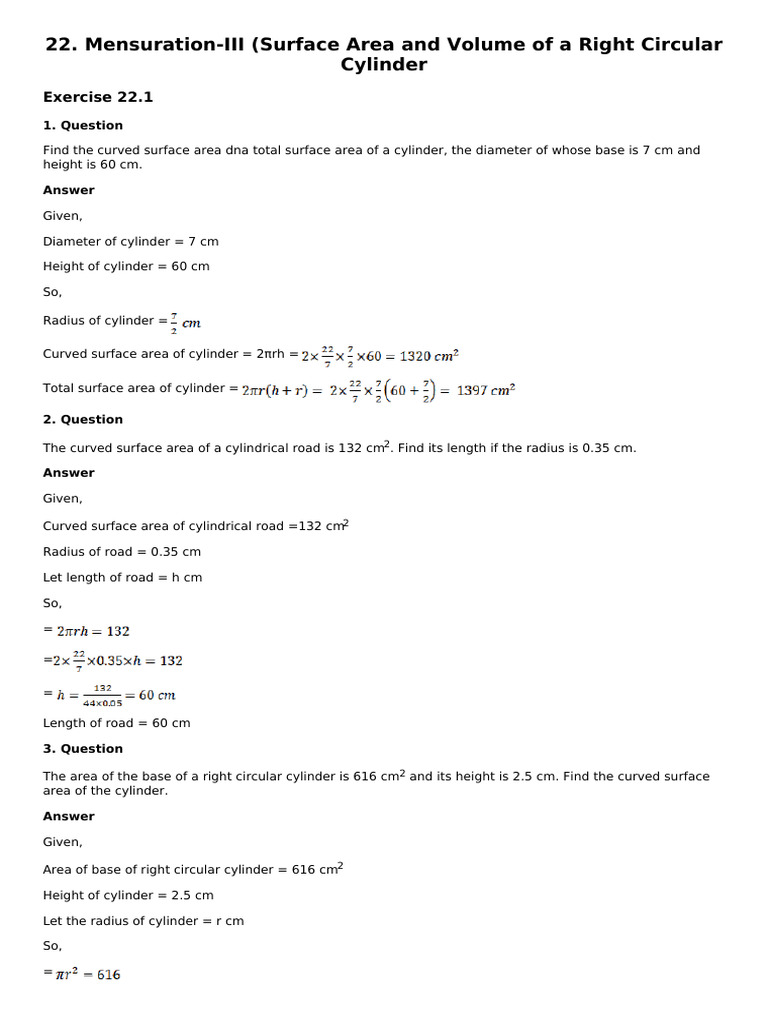 Mensuration-III (Surface Area and Volume of A Right Circular | PDF | Area | Volume