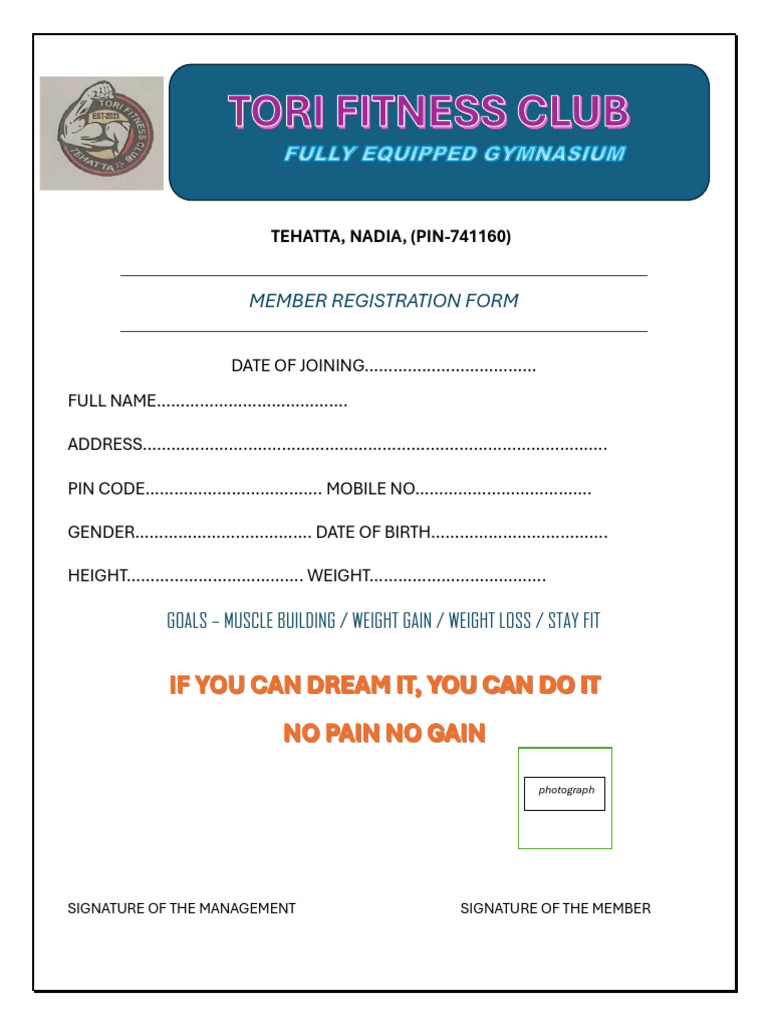 Member Registration Form for Tehatta Gym | PDF