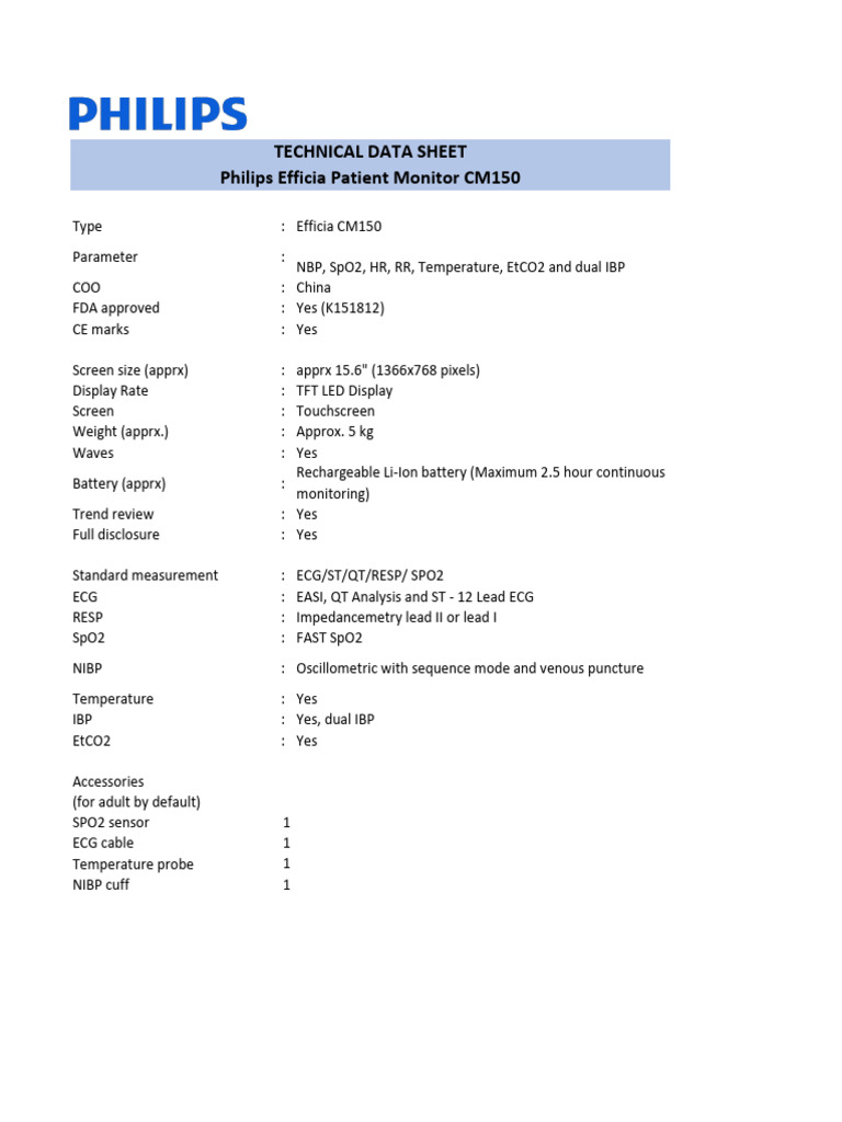 Spesifikasi Philips Efficia Patient Monitor CM150 | PDF