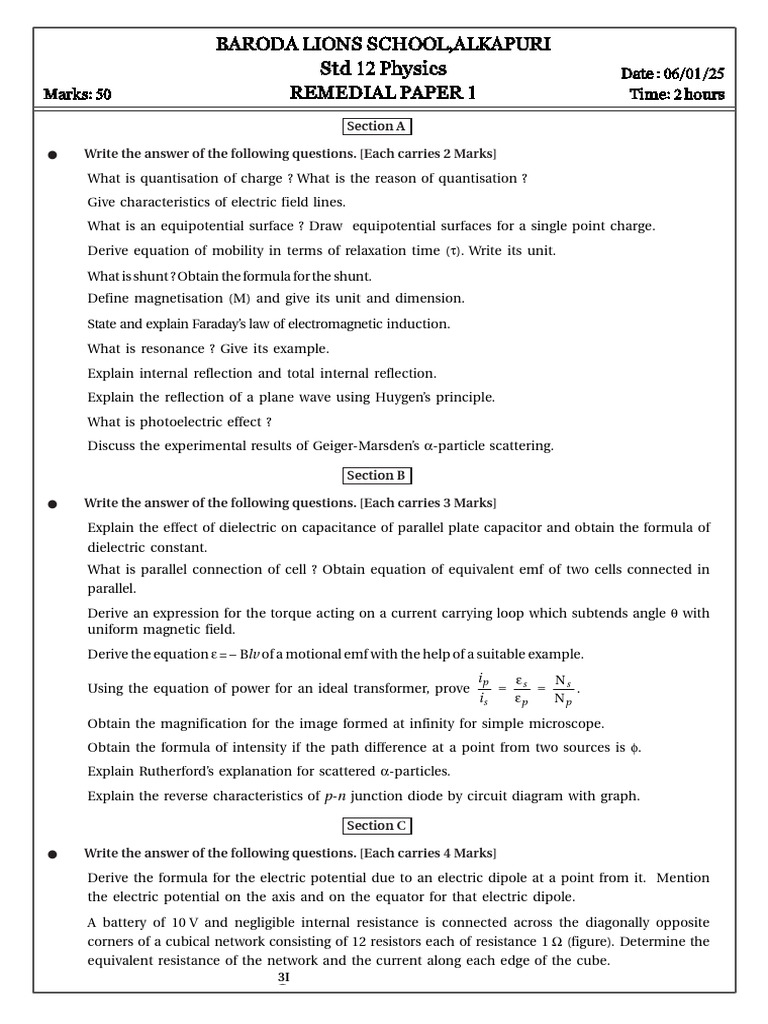 Remedialpaper1 d03 Jan 2025 | PDF | Electromagnetic Field | Electronics