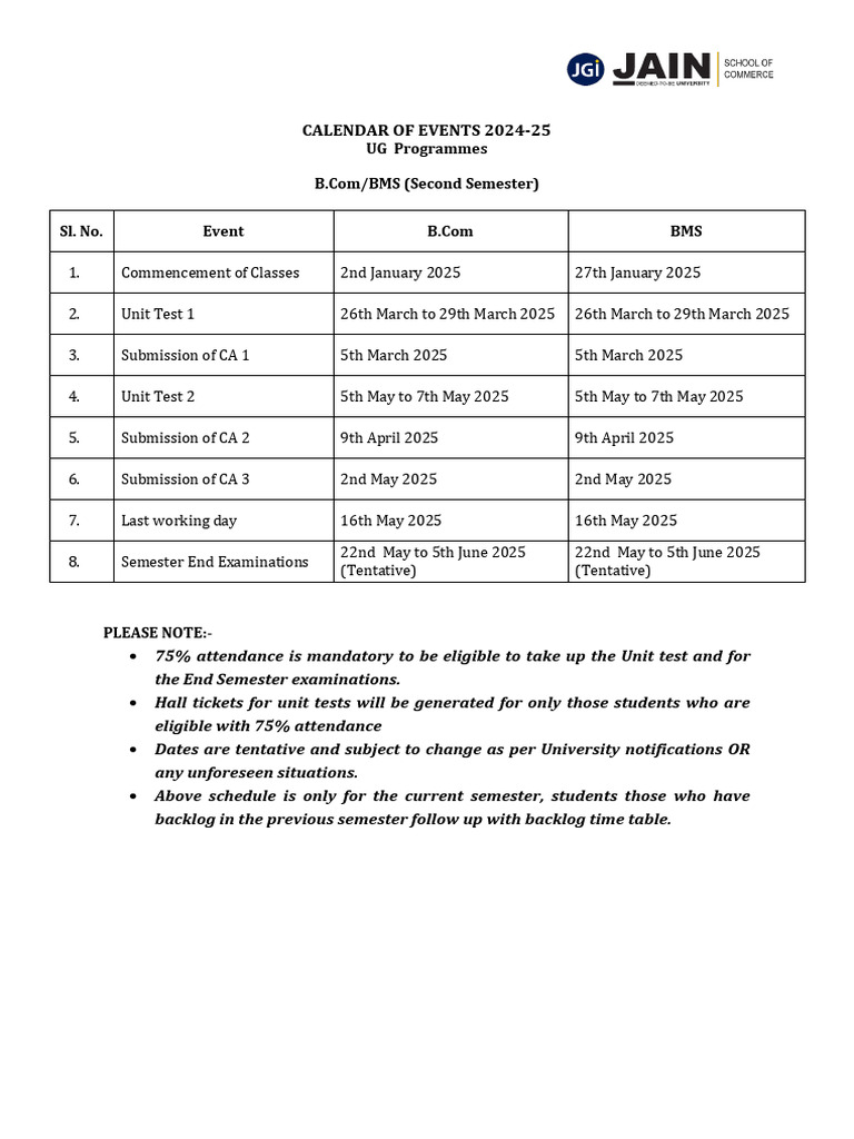 BCOM and BMS Calendar of Events - Second Semester (AY 2024-25) | PDF