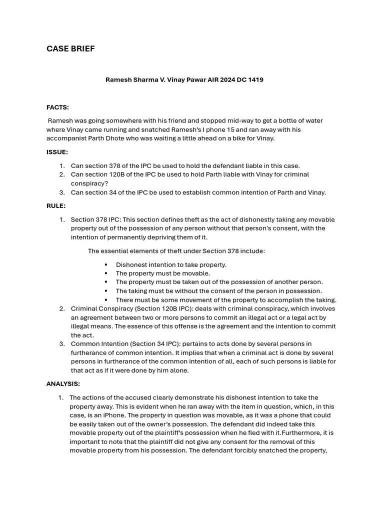 Case Brief | PDF | Theft | Private Law
