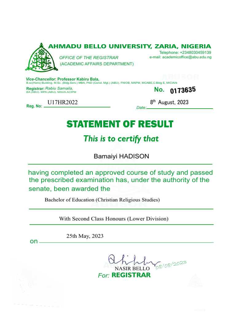 ABU Zaria Statement of Result | PDF