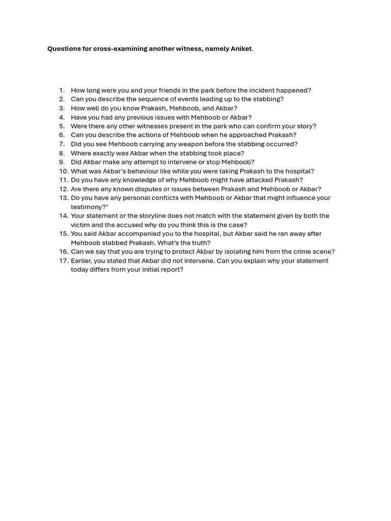 Question For Witnesses Cross Examination | PDF