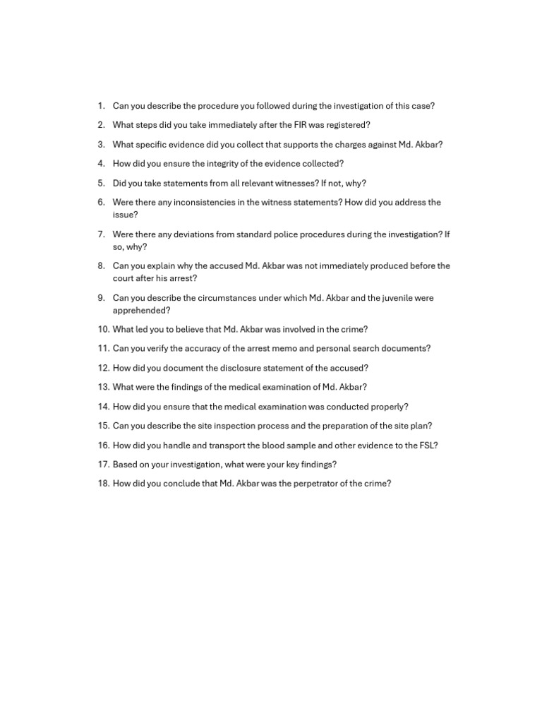 Cross Examination Questions for Investigating Officer | PDF
