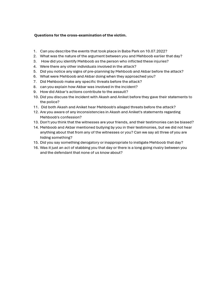 Questions For Cross-Examination of Victim | PDF