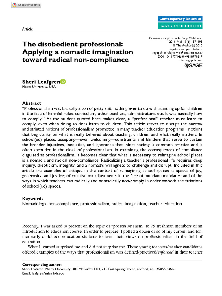 Leafgren 2018 The Disobedient Professional Applying A Nomadic Imagination Toward Radical Non ...