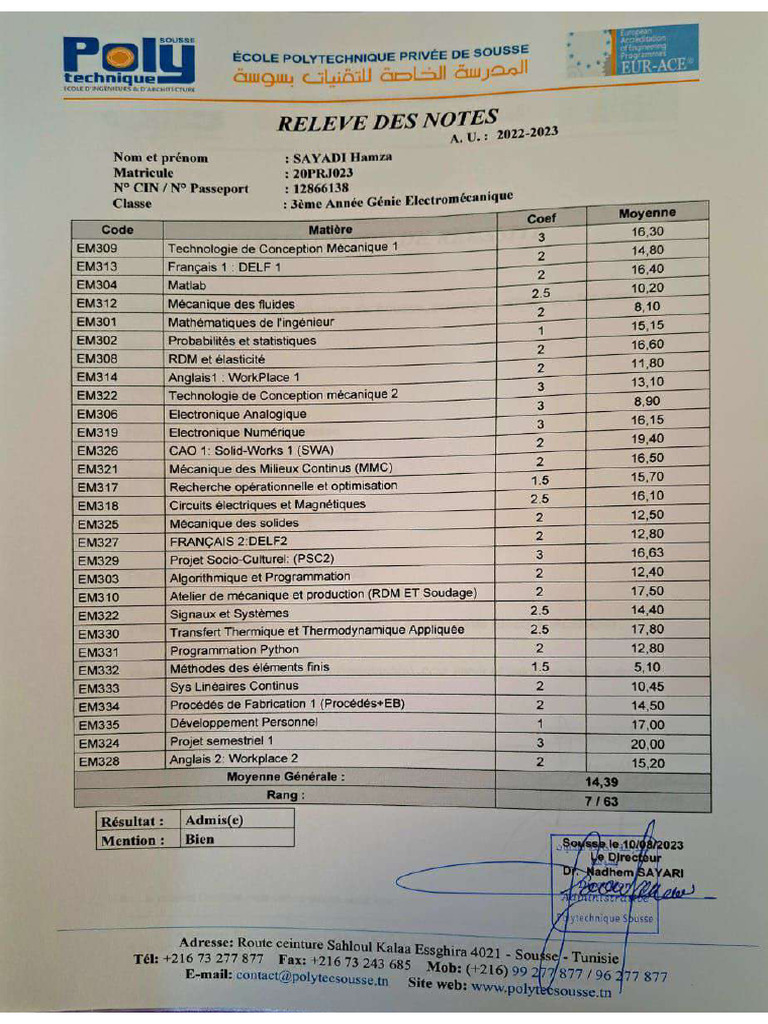 Relevé de Notes | PDF