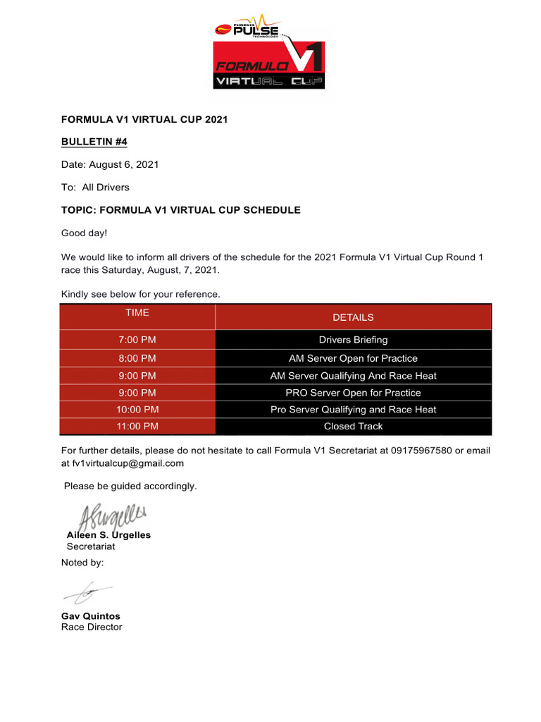 2021 Virtual Cup BULLETIN #4 - Round 1 Schedule | PDF