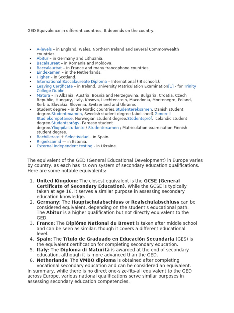 GED Equivalence in Different Countries | PDF | Academic Degree | Educational Assessment And ...
