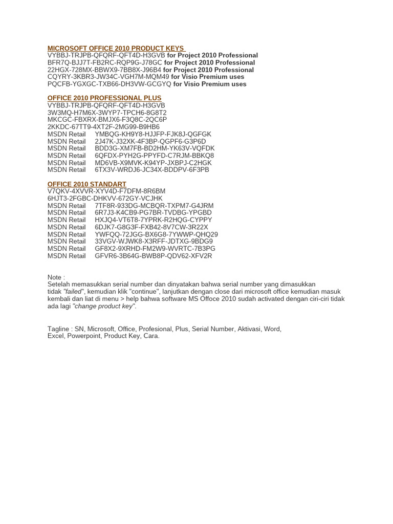 MICROSOFT OFFICE 2010 PRODUCT KEYS | PDF