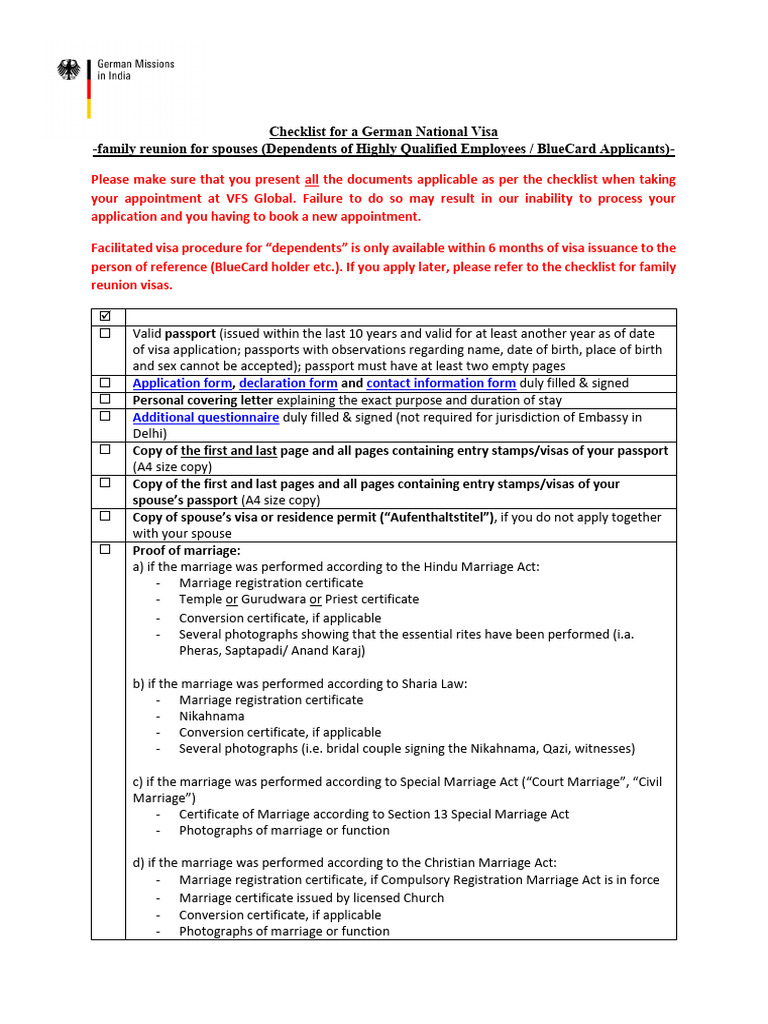 1a Checklist-Spouse Joining Main Applicant | PDF | Travel Visa | Marriage