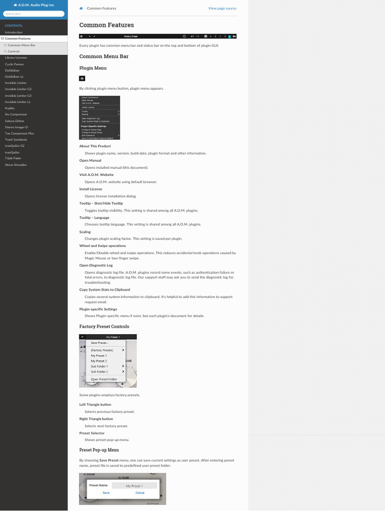 Common Features - A.O.M. Audio Plug-Ins Documentation | PDF | Software | Computing Platforms