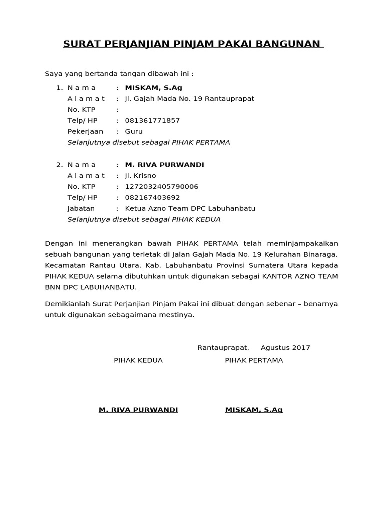 Surat Perjanjian Pinjam Pakai Bangunan | PDF