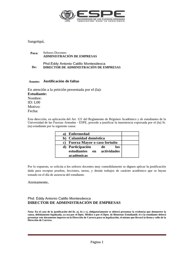 Justificación de Faltas Estudiantiles ESPE | PDF