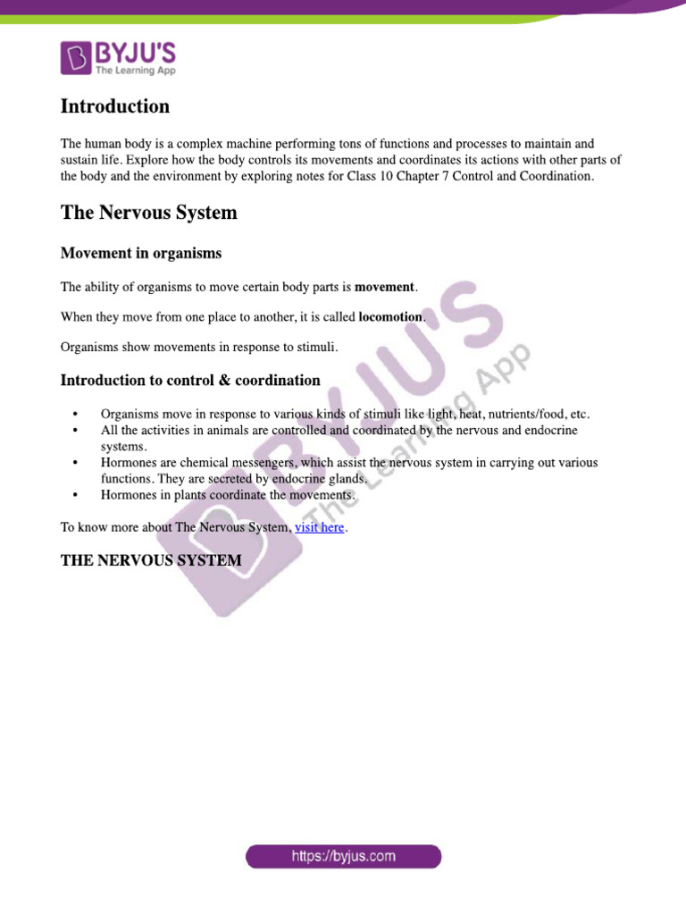 CBSE Class 10 Science Notes For Chapter 7 - Control and Coordination | PDF
