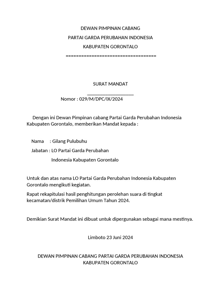 Surat Mandat LO Partai Garuda 2024 | PDF