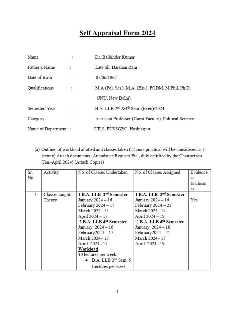 Self Appraisal Form for Assistant Professor | PDF