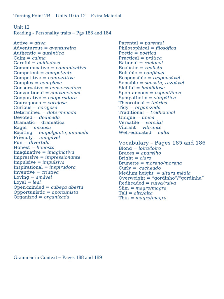 Extra Worksheet - Turning Point 2B – Unit 12 – Reading – Personality ...
