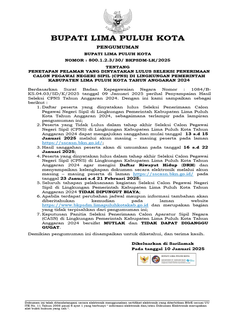 Pengumuman Kelulusan Cpns | PDF