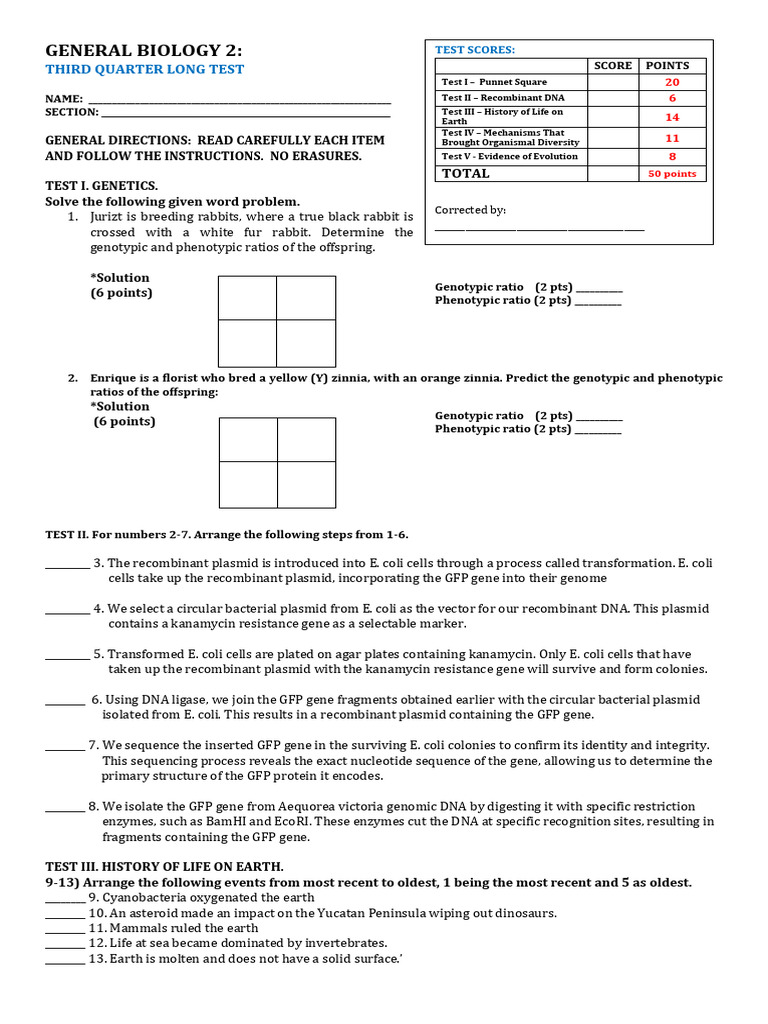 General Biology 2 Long Test Review | PDF | Plasmid | Gene