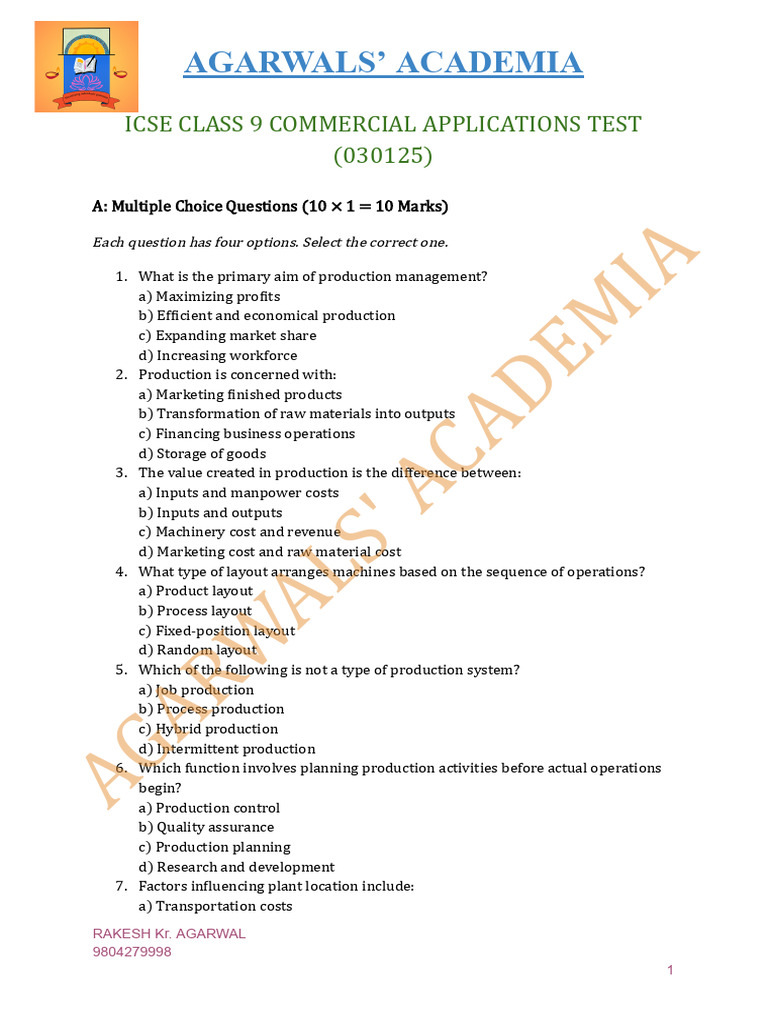 Icse Class 9 Commercial Applications Production Test | PDF | Textiles ...