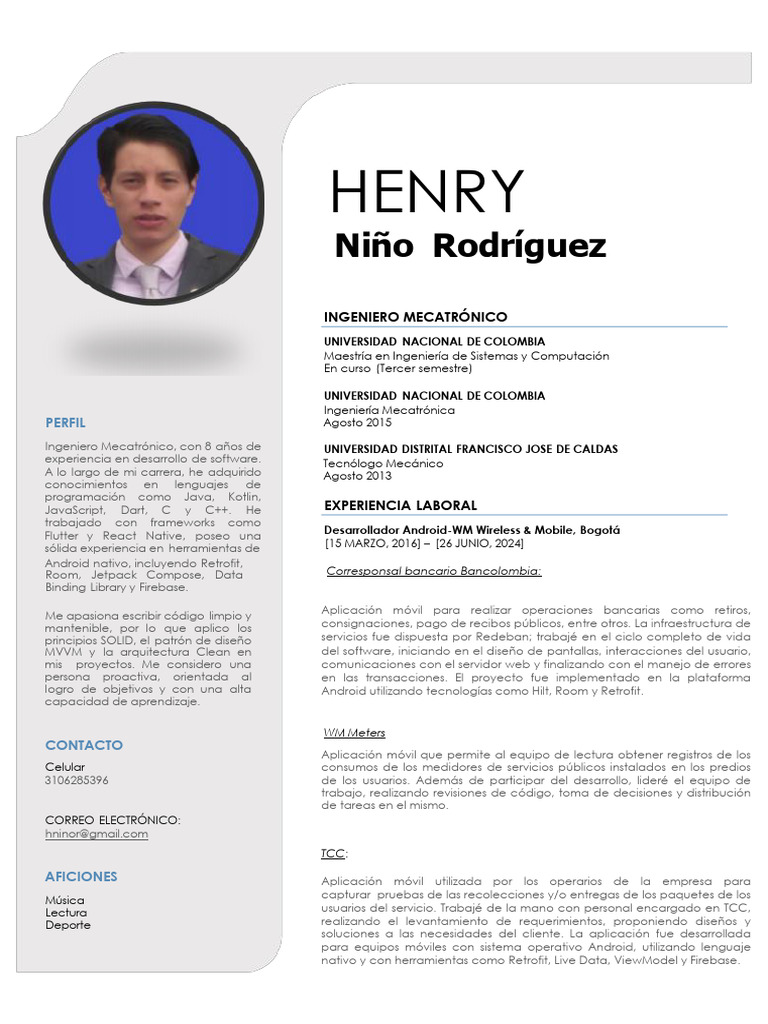 CV Henry Niño | PDF | Software de la aplicacion | Aplicación movil