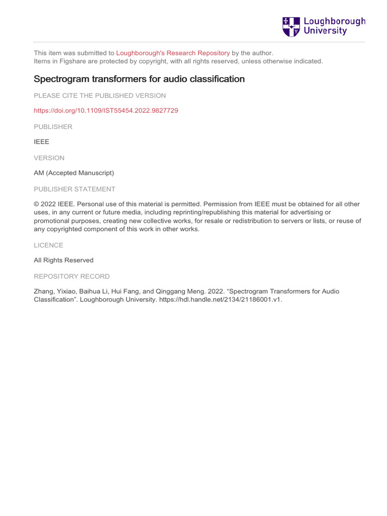Spectrogram Transformers for Audio Classification | PDF | Deep Learning | Artificial Neural Network