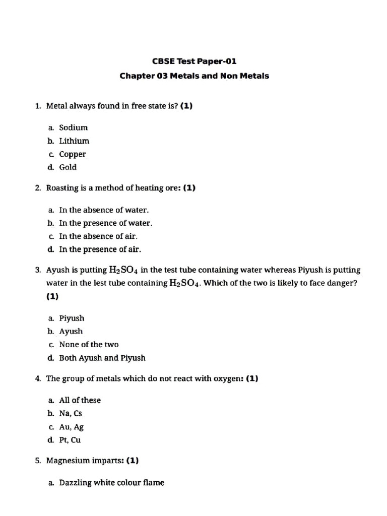 Chemistry-10 Metal and Non metal Test paper 1 | PDF | Chemical ...