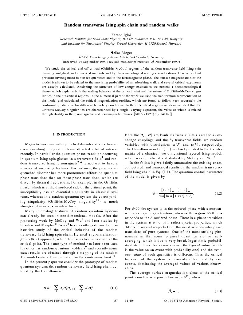 Ferenc Igloi and Heiko Rieger - Random Transverse Ising Spin Chain and Random Walks | PDF ...