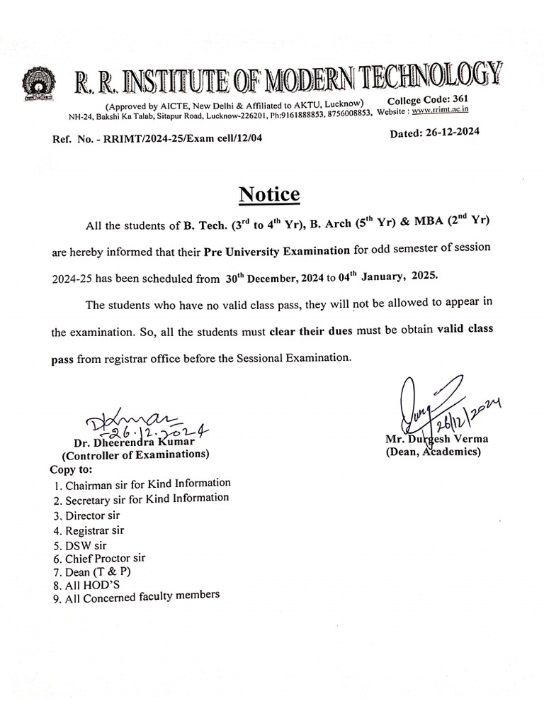 Pre University Exam Notice and Schedule Odd Sem 2024-25 Phase-1 | PDF