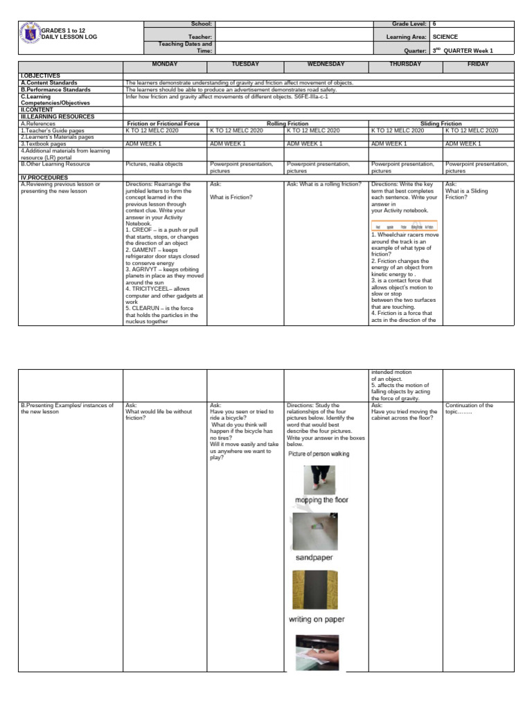 DLL - G6 Science - Q3 - W1 | PDF | Friction | Force