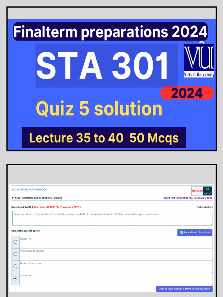 STA301 Quiz 5 (Finalterm Quiz) by Ali Khan | PDF